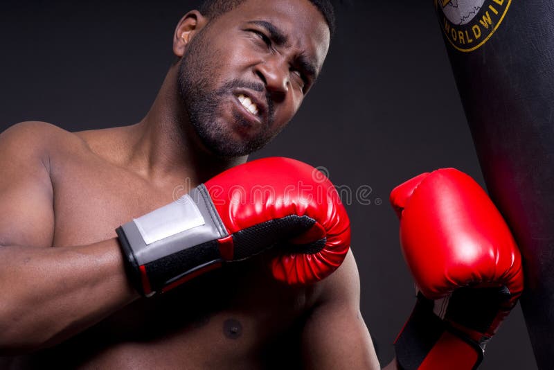 Angry Boxer Red Boxing Gloves Heavy Bag Stock Photo - Image of bare ...