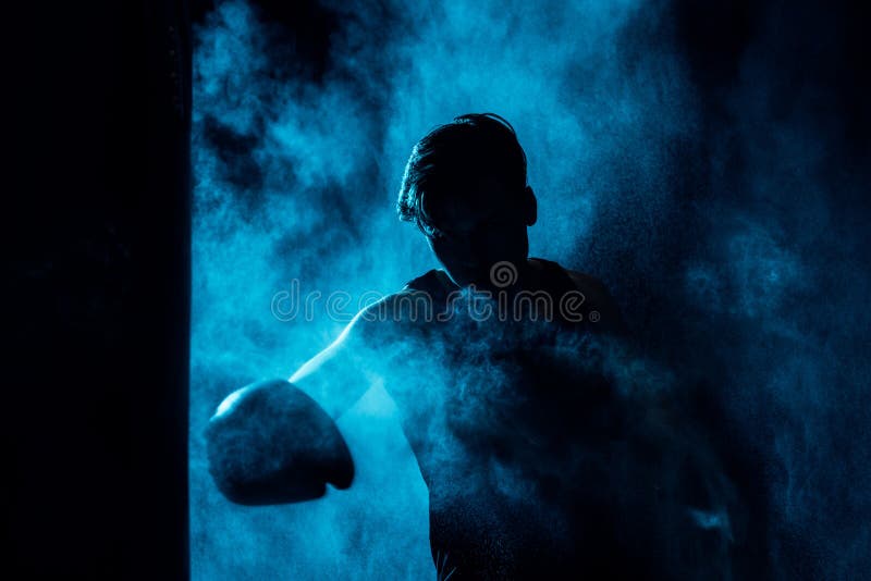 Boxer in Boxing Gloves Training in Dark with Smoke. Stock Image - Image ...