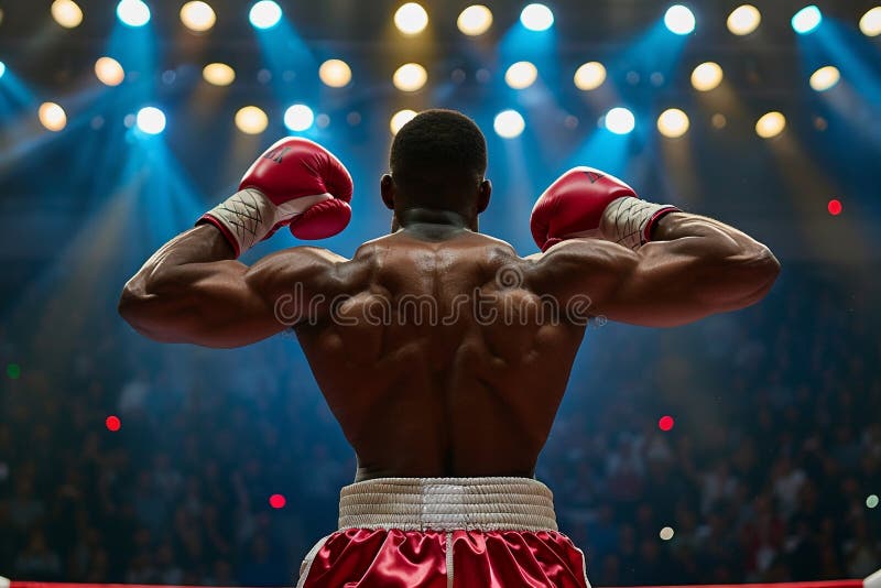Boxer Celebrating Victory Raising His Hands Up View from the Back Stock ...