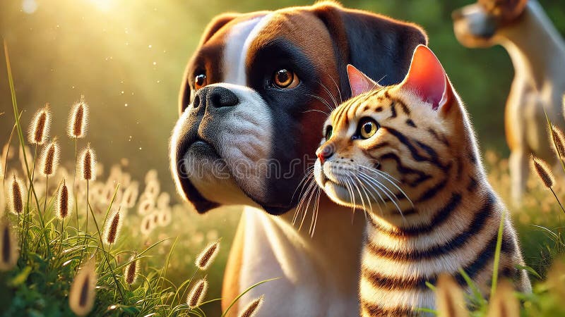 Boxer Dog and a Bengal Cat, Both with Curious Expressions As they Gaze ...