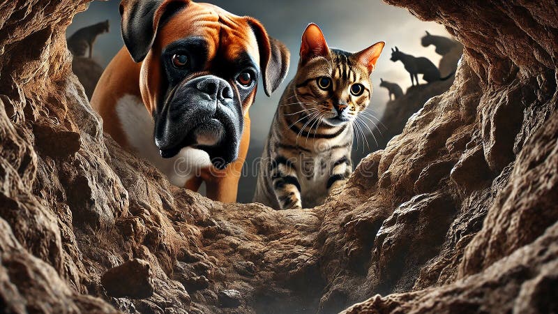 Boxer Dog and a Bengal Cat Both Looking Down into a Small Cave or ...