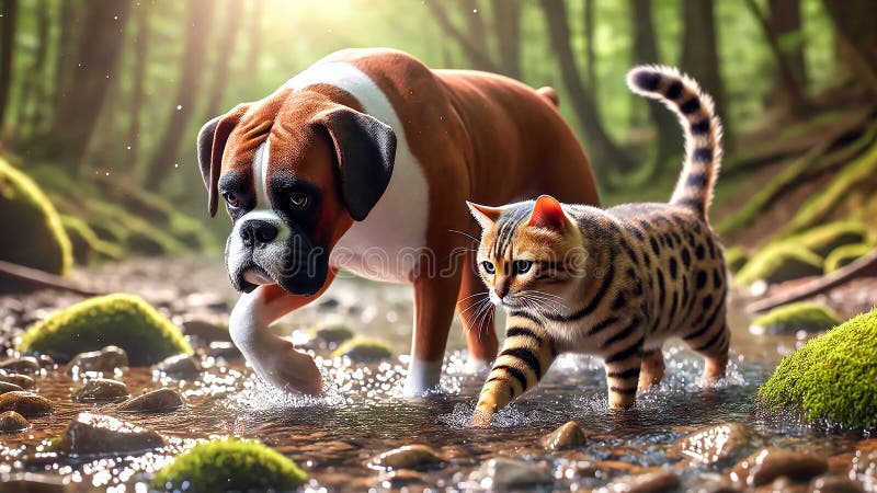 Boxer Dog and a Bengal Cat Crossing a Small Stream Together Stock ...