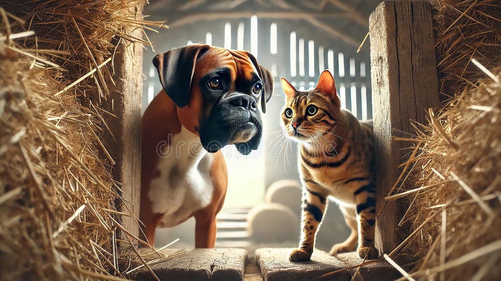 Boxer Dog and a Bengal Cat Exploring an Old Barn Together Stock ...