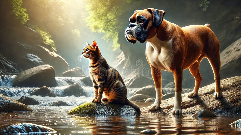 Boxer Dog and a Bengal Cat Standing on a Large Rock by a River Stock ...