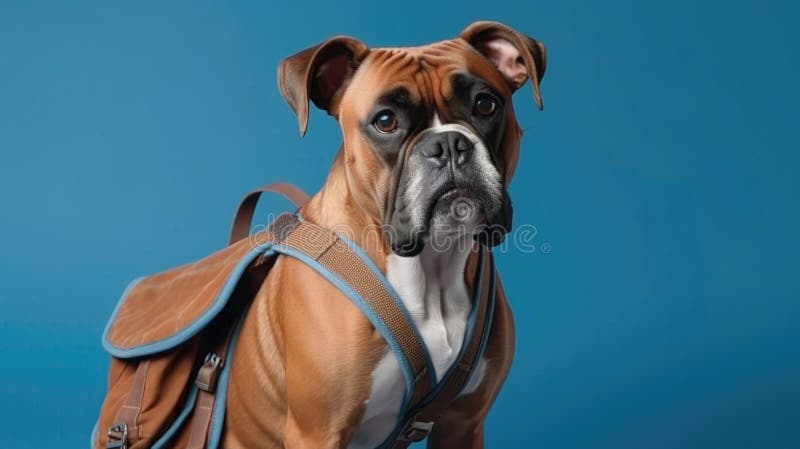 Boxer Dog with Braided Hair and a Backpack on Blue Background ...