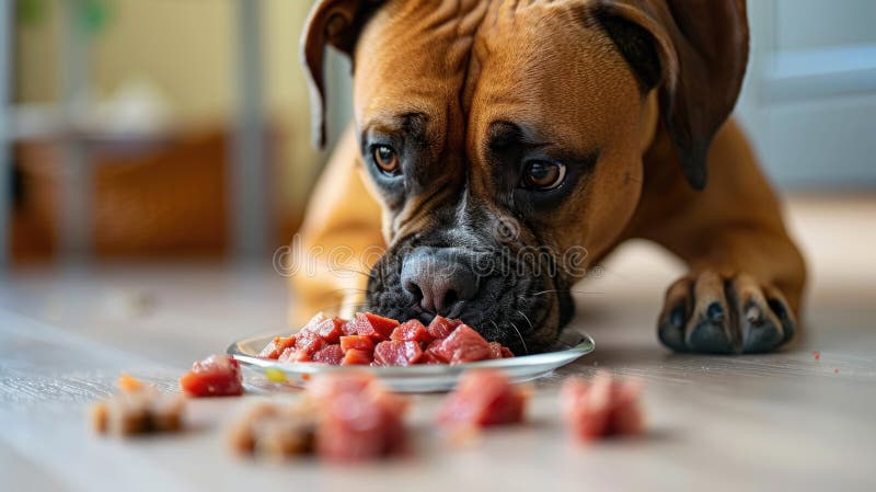A Boxer Dog Eagerly Devouring a Mix of Raw Meat Strips, Placed Directly ...