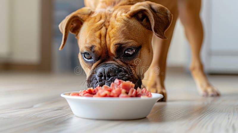 A Boxer Dog Eagerly Devouring a Mix of Raw Meat Strips, Placed Directly ...