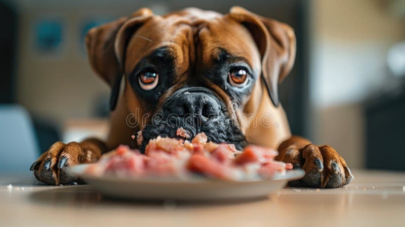 A Boxer Dog Eagerly Devouring a Mix of Raw Meat Strips, Placed Directly ...