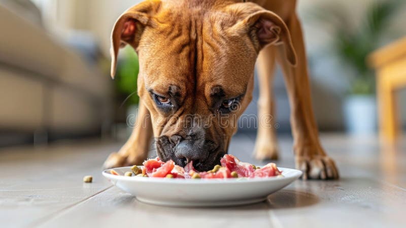 A Boxer Dog Eagerly Devouring a Mix of Raw Meat Strips, Placed Directly ...