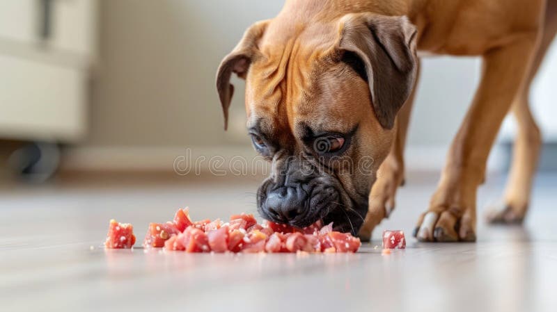 A Boxer Dog Eagerly Devouring a Mix of Raw Meat Strips, Placed Directly ...