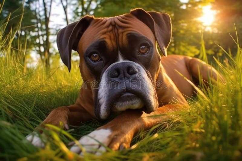 Boxer Dog Lies in the Beautiful Grass. Generative AI Stock Illustration ...