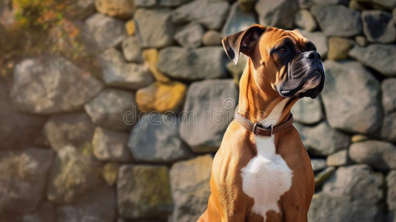 Boxer Dog Sitting in Front of a Stone Wall Stock Illustration ...