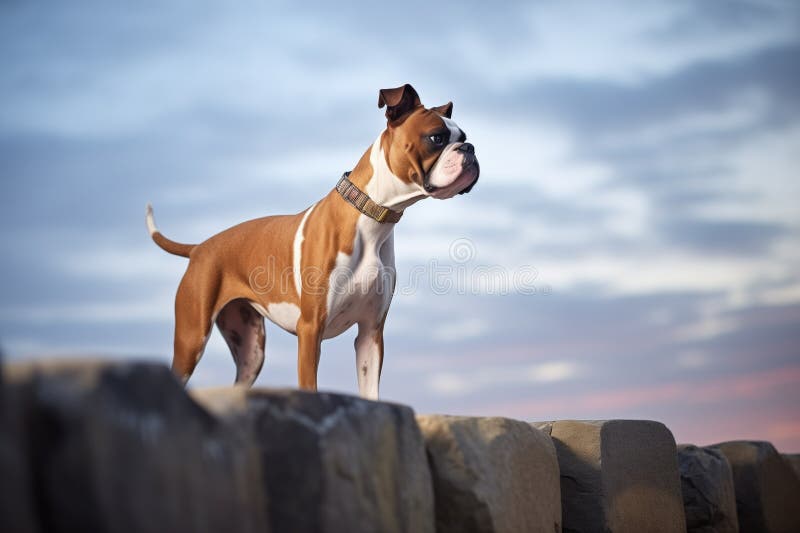 Boxer Dog on a Stone Wall at Dusk Stock Illustration - Illustration of ...