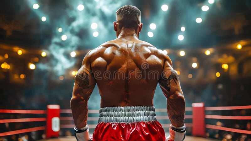 Boxer Facing the Ring in a Dramatic Scene, Muscular Back Glistening ...