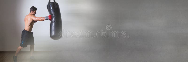 Boxer Fighter Man Punching Bag with Grey Transition Stock Photo - Image ...