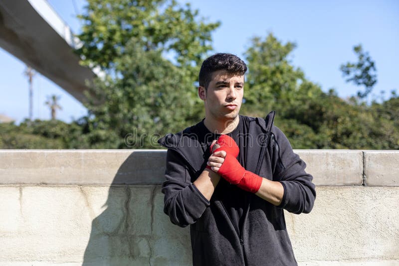 Boxer Preparing for Training with Forearm Bandage Outside Stock Image ...