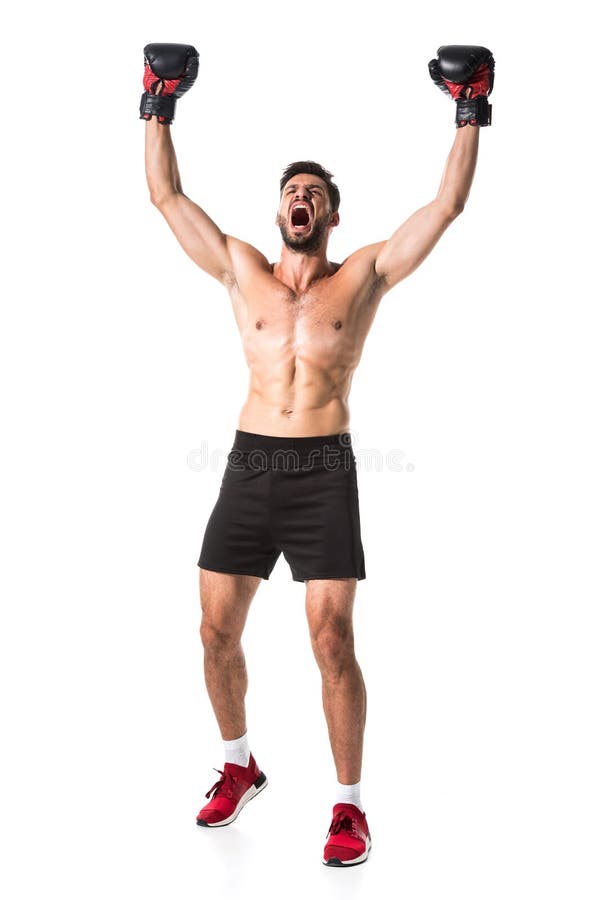 Shirtless Boxer with Raised Hand Isolated on White Stock Photo - Image ...