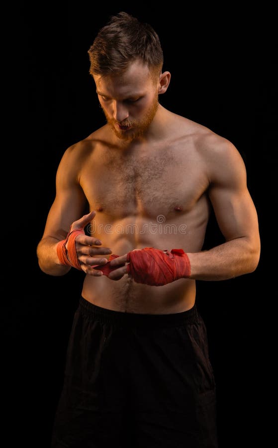 Boxer with Red Boxing Bandages Stock Photo - Image of muscular, boxer ...
