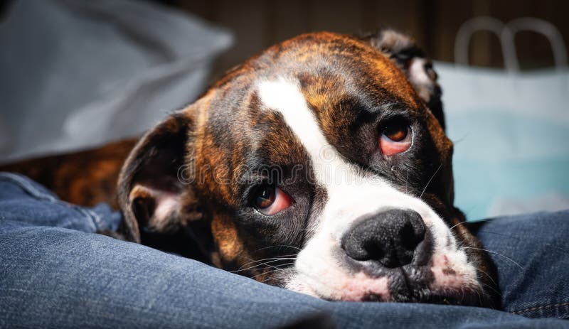 Boxer Relaxing on Bed at Home Stock Image - Image of little, indoors ...