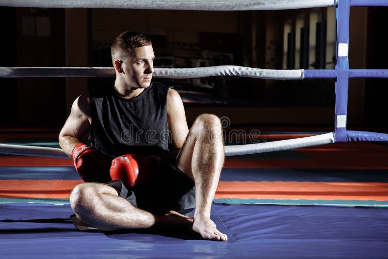 Professional Boxer Having Break during Training in Ring. Stock Photo ...