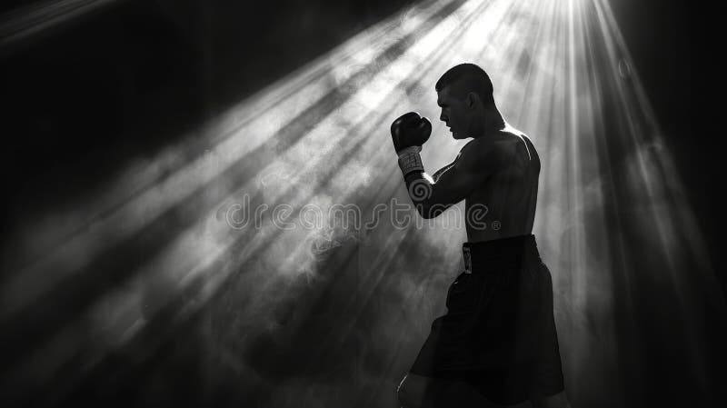 A Boxer is Silhouetted in a Dramatic Spotlight during a Training ...