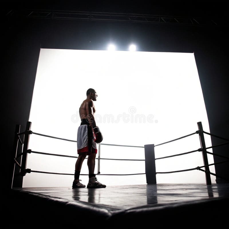 A Boxer Stands in a Dark Boxing Ring with a Spotlight on it Isolated on ...