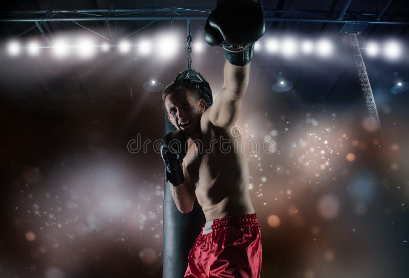 The Boxer Stands in the Ring and Beats on the Opponent Being Rep Stock ...