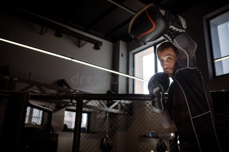 Boxer Throwing Powerful Left Hook during Shadowboxing in Gym Stock ...