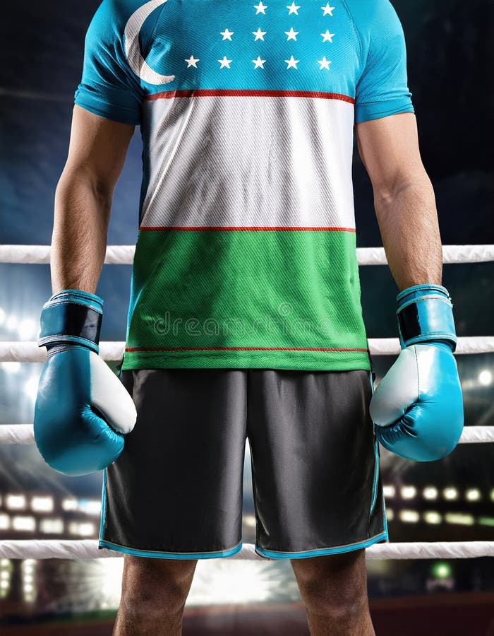 Boxer in Training Gear Prepares for Match in Professional Boxing Ring ...