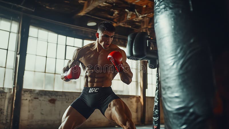 Boxer Training Hard in Gym, Focused with Red Gloves and Intense ...