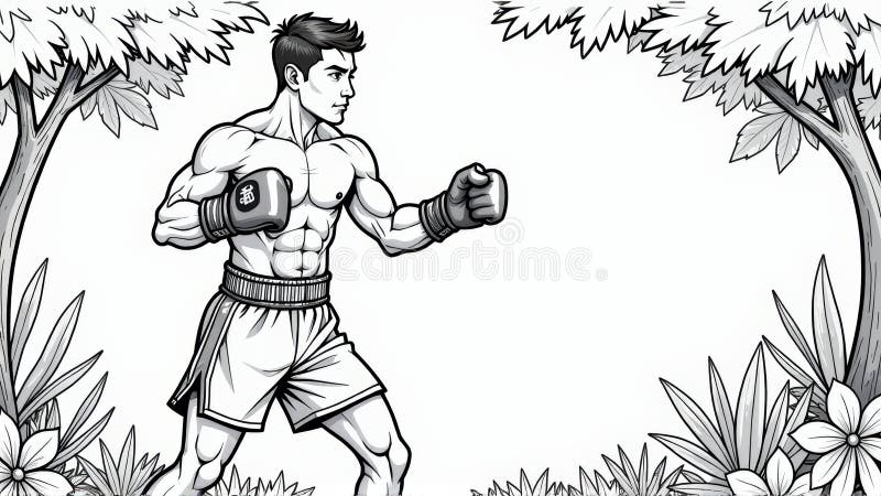 Boxer in Tropical Setting - Black and White Illustration, Generative Ai ...