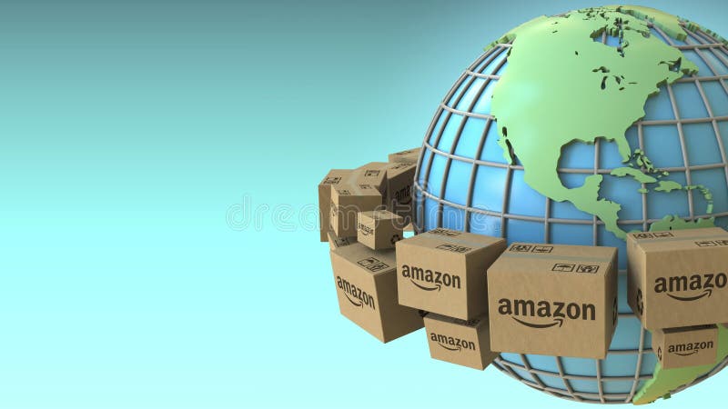 Boxes with AMAZON Logo Around the World, America Emphasized. Conceptual ...