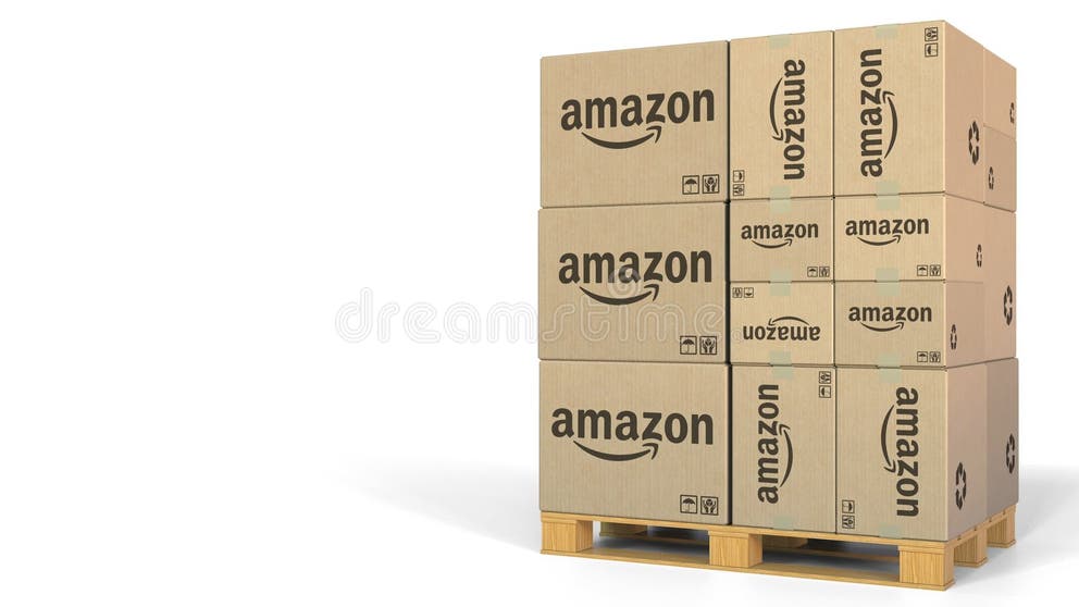 Boxes with Amazon Logo on Pallet. Editorial 3D Rendering Editorial ...