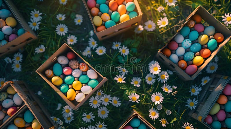 Boxes and Baskets Full of Colorful Easter Eggs on Green Grass and ...