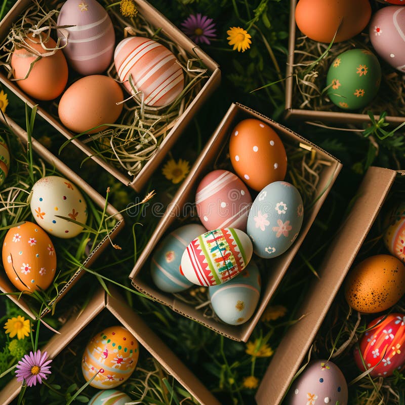Boxes and Baskets Full of Colorful Easter Eggs on Green Grass. Stock ...