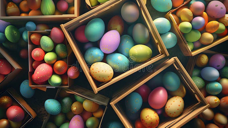 Boxes and Baskets Full of Colorful Easter Eggs. Stock Illustration ...