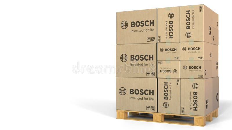Boxes with Bosch Logo on Pallet. Editorial 3D Rendering Editorial ...
