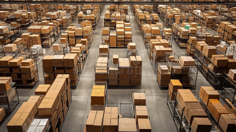 Boxes and Box Loaders in a Warehouse, Rows of Shelves with Boxe Stock ...