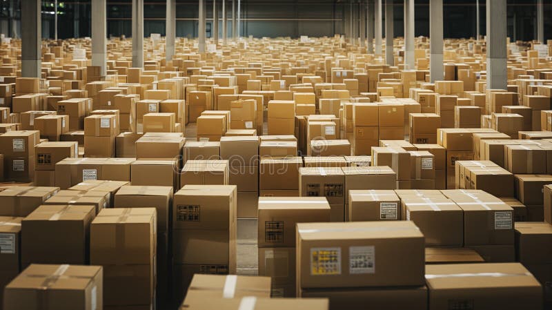 Boxes and Box Loaders in a Warehouse, Rows of Shelves with Boxe Stock ...