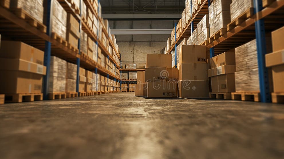 Boxes and Box Loaders in a Warehouse, Rows of Shelves with Boxe Stock ...