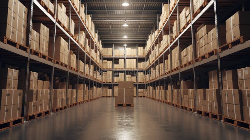 Boxes and Box Loaders in a Warehouse, Rows of Shelves with Boxe Stock ...