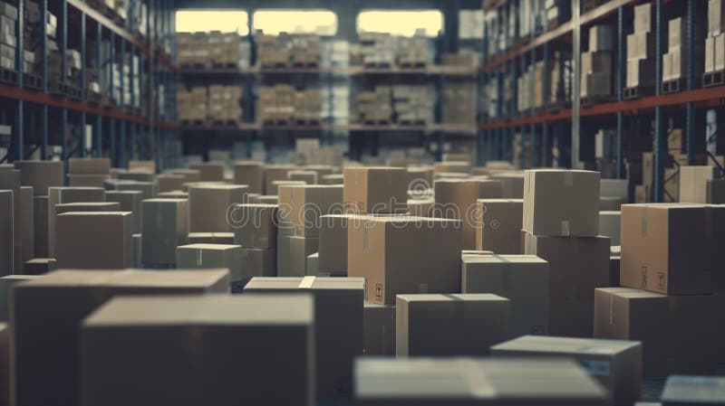 Boxes and Box Loaders in a Warehouse, Rows of Shelves with Boxe Stock ...