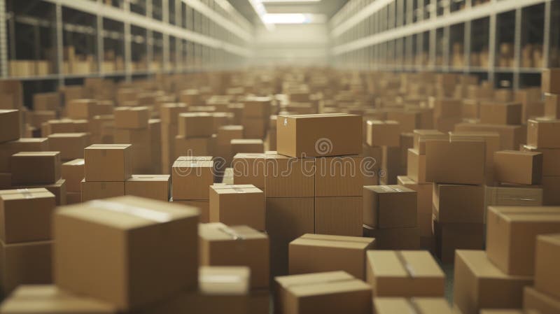Boxes and Box Loaders in a Warehouse, Rows of Shelves with Boxe Stock ...