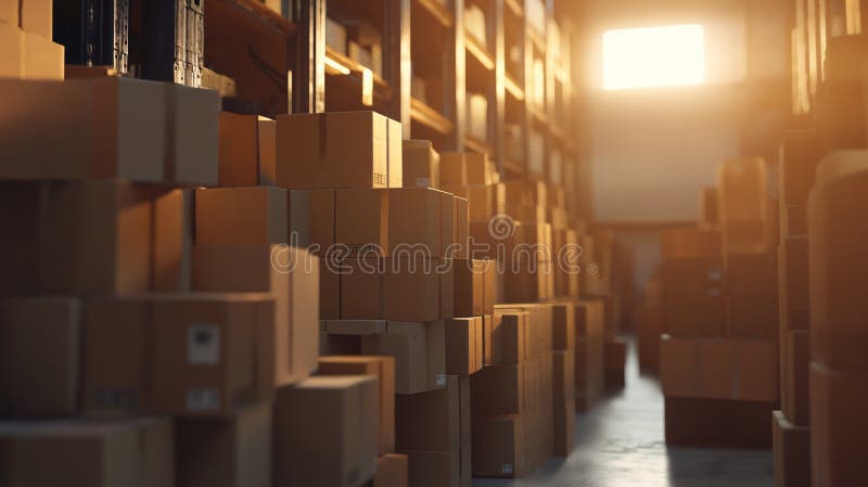 Boxes and Box Loaders in a Warehouse, Rows of Shelves with Boxe Stock ...