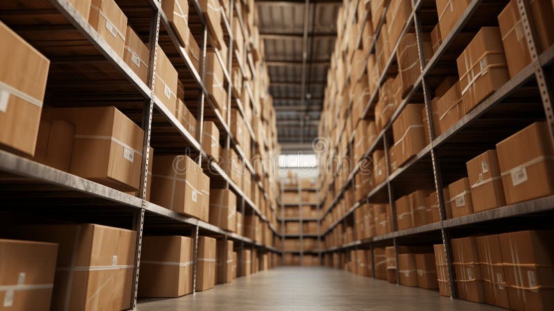 Boxes and Box Loaders in a Warehouse, Rows of Shelves with Boxe Stock ...