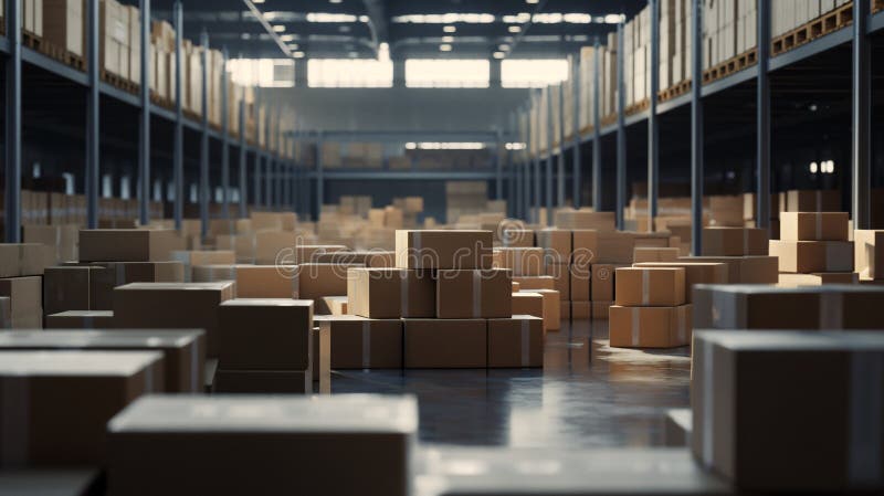 Boxes and Box Loaders in a Warehouse, Rows of Shelves with Boxe Stock ...