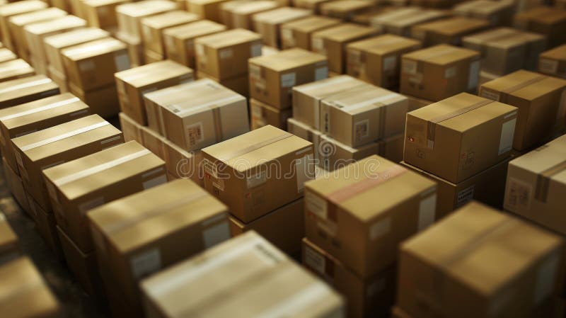 Boxes and Box Loaders in a Warehouse, Rows of Shelves with Boxe Stock ...