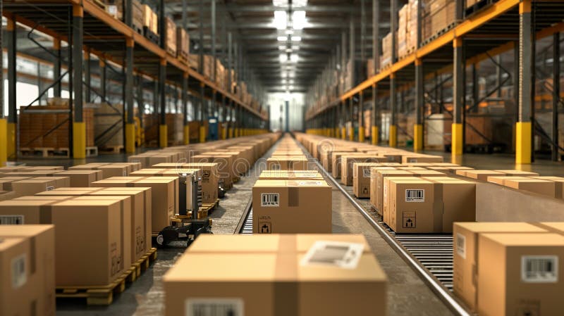Boxes and Box Loaders in a Warehouse, Rows of Shelves with Boxe Stock ...
