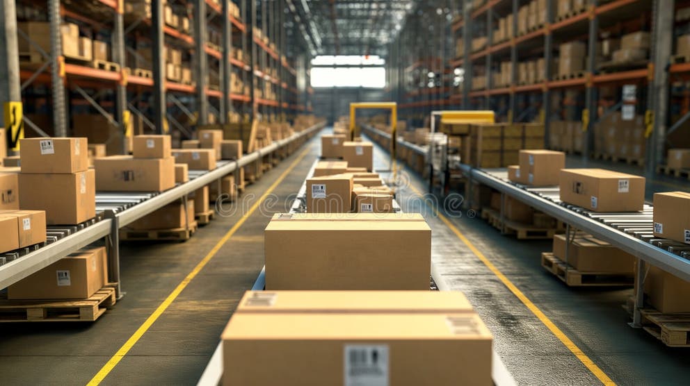 Boxes and Box Loaders in a Warehouse, Rows of Shelves with Boxe Stock ...