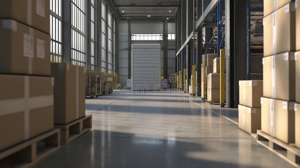 Boxes and Box Loaders in a Warehouse, Rows of Shelves with Boxe Stock ...